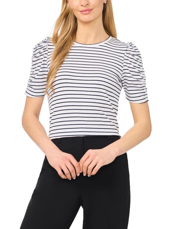 HALOGEN Halogen Puff Sleeve Striped Ribbed Crewneck Tee